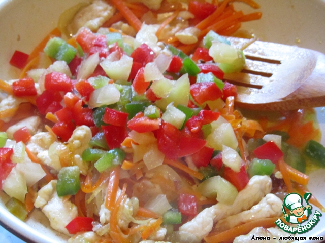 Фунчоза с курицей, грибами и овощами – кулинарный рецепт